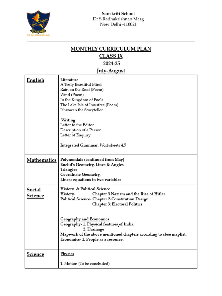 Grade Ix Curriculum Plan (July To August) 2024-25 | PDF | Mathematics