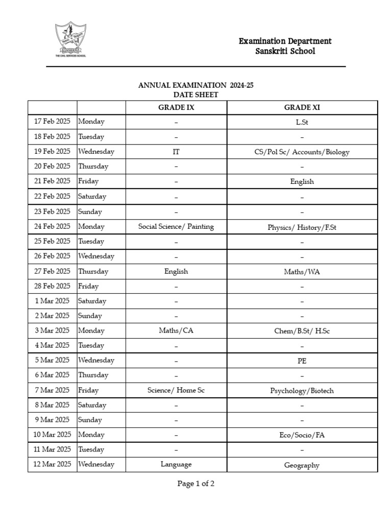 Grade 9, 11 - Annual Examination Date Sheet FINAL | PDF