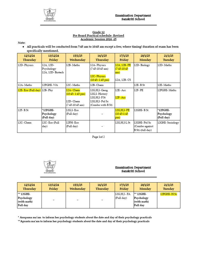 Grade 12 - Pre Board Practical Schedule (24-25) - Revised | PDF | Educational Stages