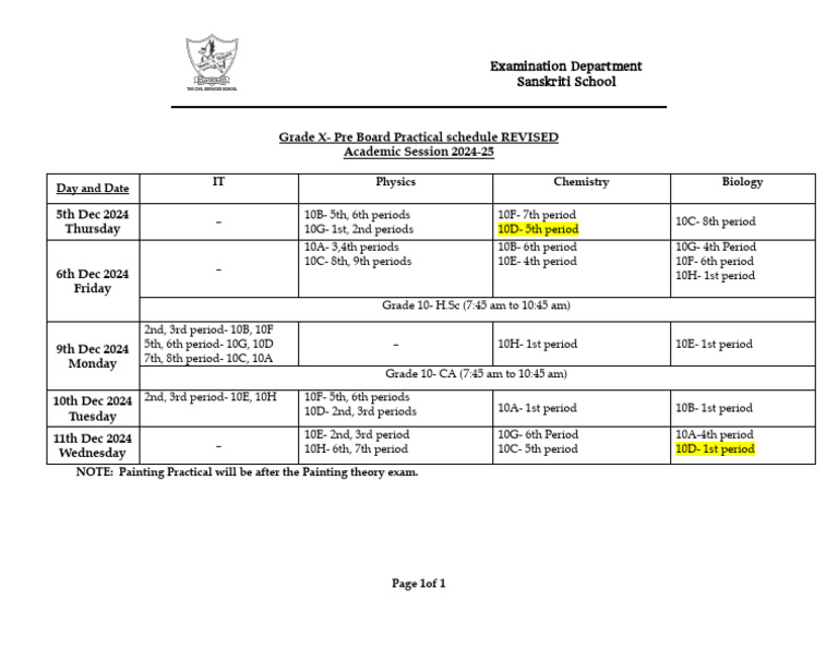 Grade 10 - Pre Board Practical Schedule (24-25) REVISED | PDF