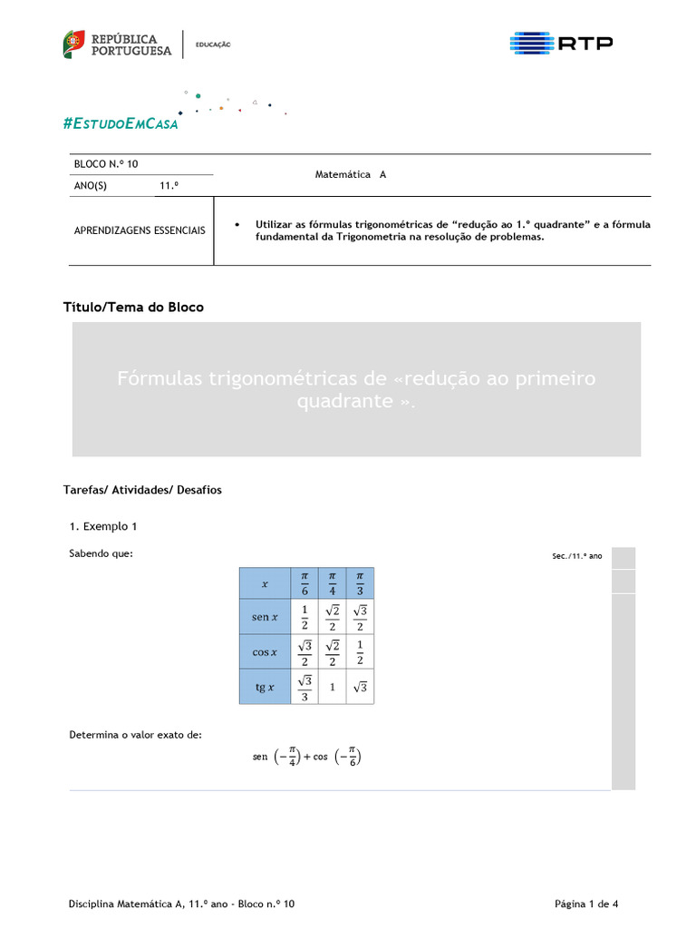 10 - Matemática A - 11º Ano - Fórmulas Trigonométricas de Redução Ao ...