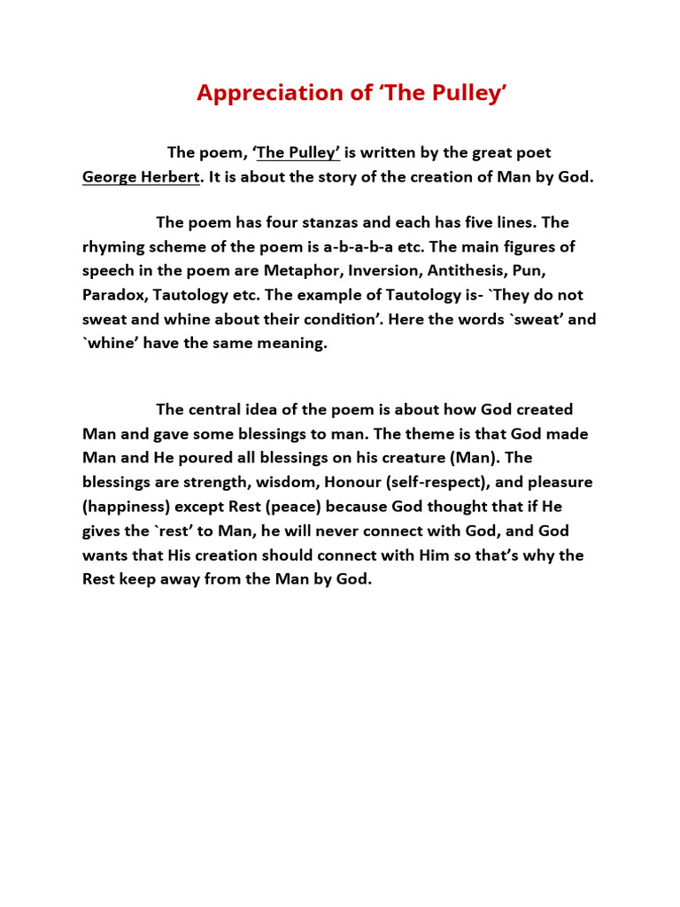 Class 10 Poem Appreciation (Animal and The Pulley) | PDF