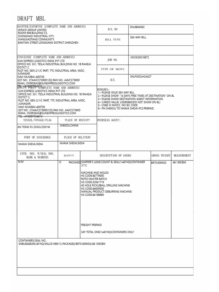 DRAFT MBL SNL6804562 | PDF | Freight Transport | Supply Chain Management