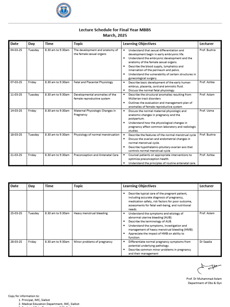 Final Year MBBS Obstetrics Schedule 2025 | PDF | Pregnancy | Obstetrics