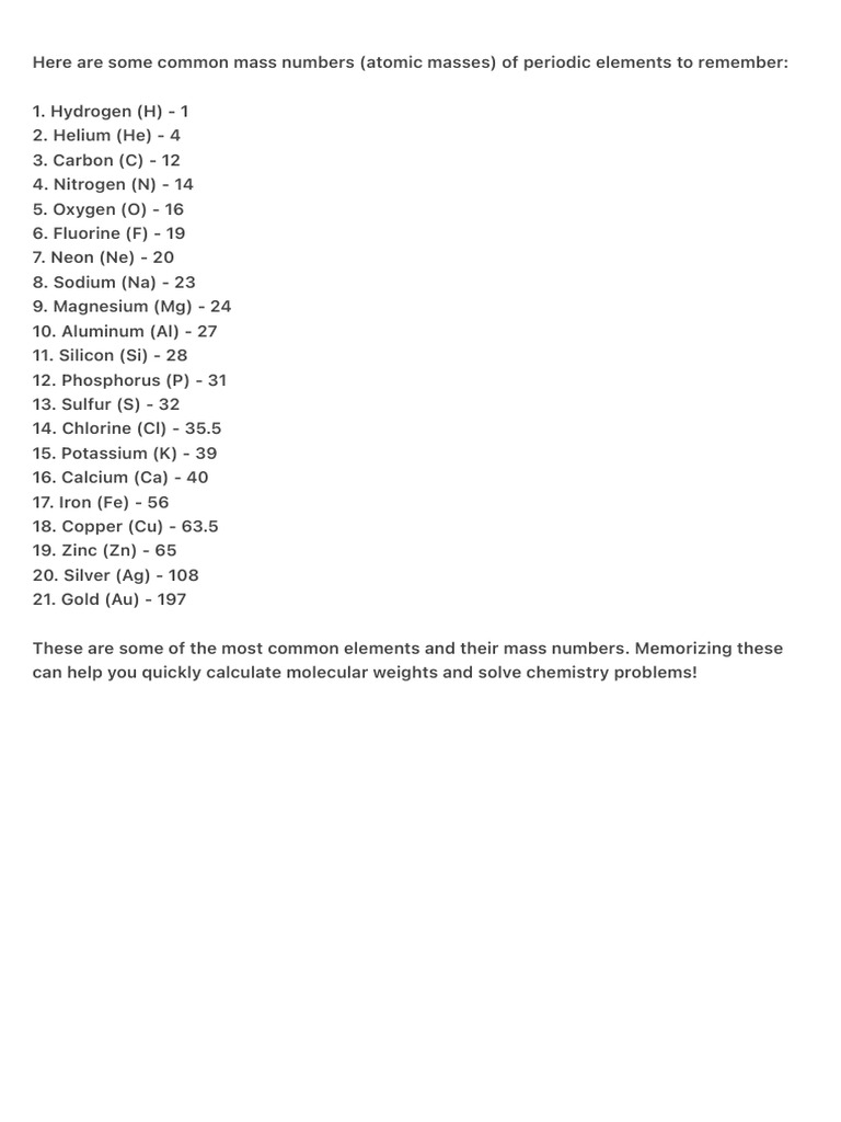 Here Are Some Common Mass Numbers (Atomic Masses) of Periodic Elements ...