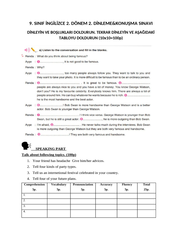 9.-SINIF-INGILIZCE-2.-DONEM-1.-DINLEME-SINAVI-1 | PDF | Fluency | Learning