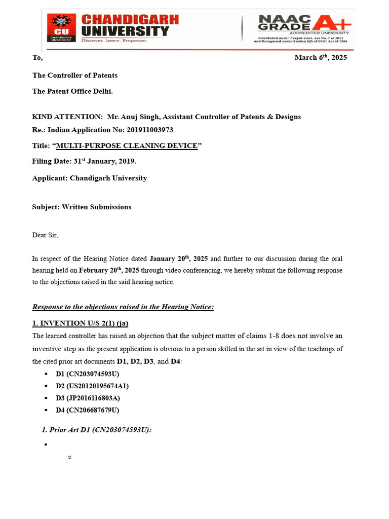 Written Submission - Draft - 201911003973 | PDF | Prior Art