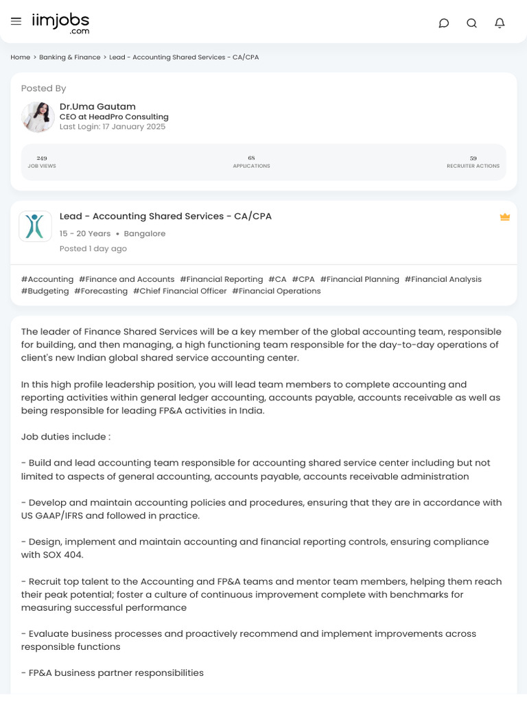Lead Accounting Shared Services Role in Bangalore | PDF | Accounting ...