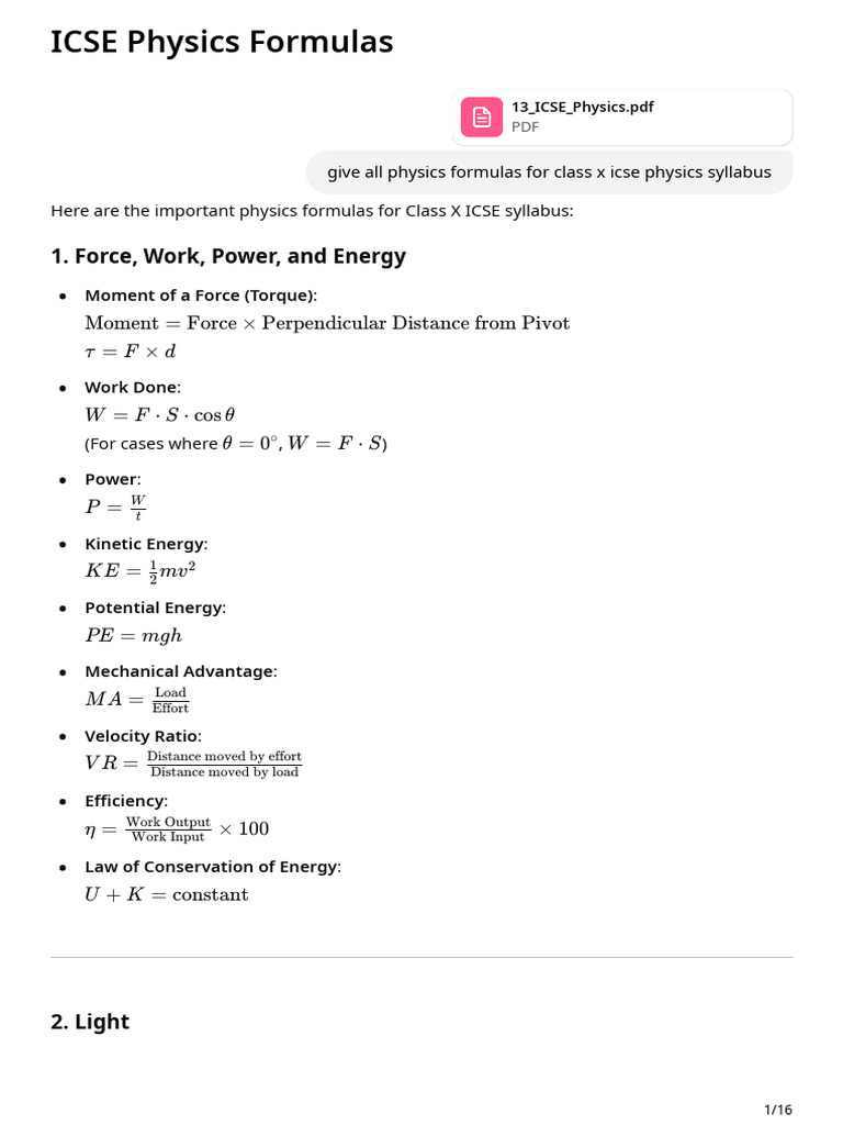 ICSE Class 10 Physics Formulas Guide | PDF | Force | Refraction