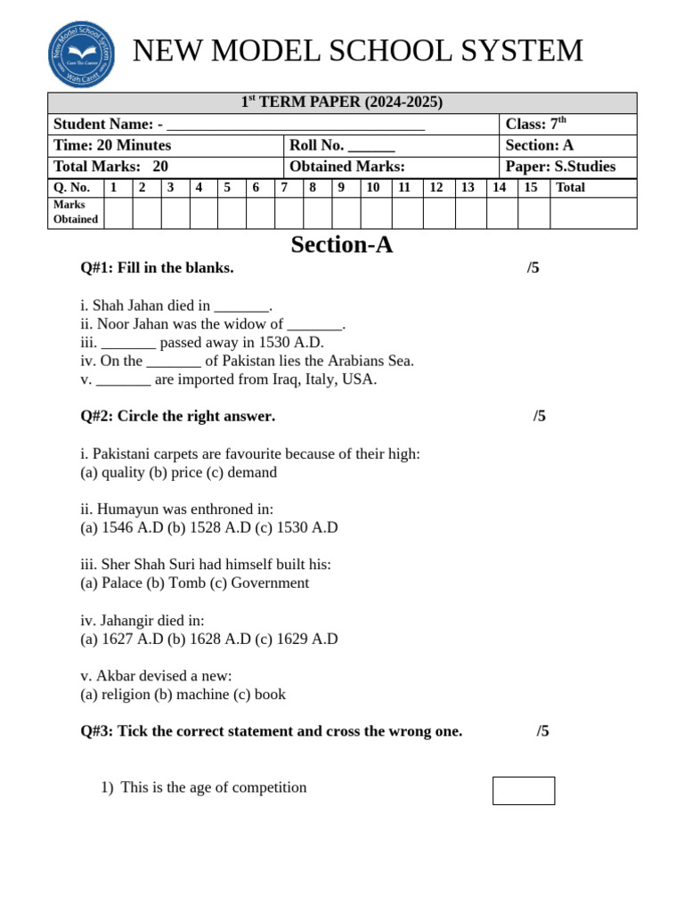 7th Class Social Studies Term 1 Paper | PDF