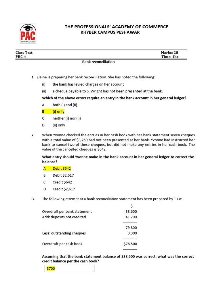 Bank Reconciliation Test | PDF | Overdraft | Debits And Credits