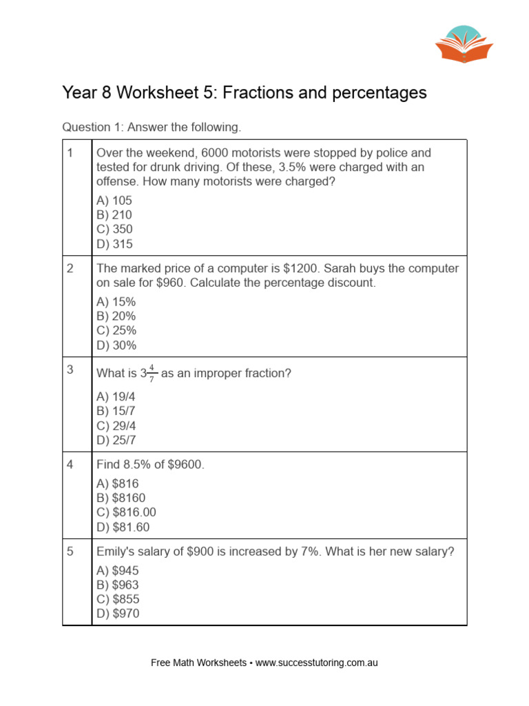 Year 8 Fractions and Percentages Worksheet | PDF | Sales | Percentage