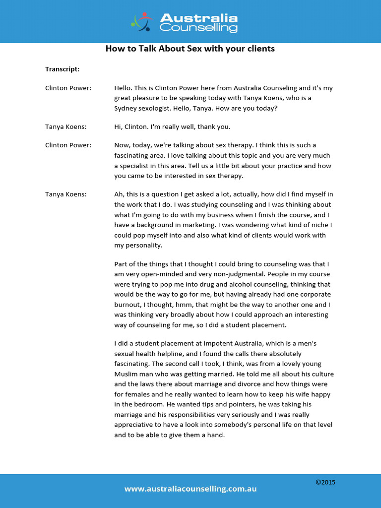 Talk About Sex Tanya Koens Transcript Pdf Intimate Relationships Human Sexuality