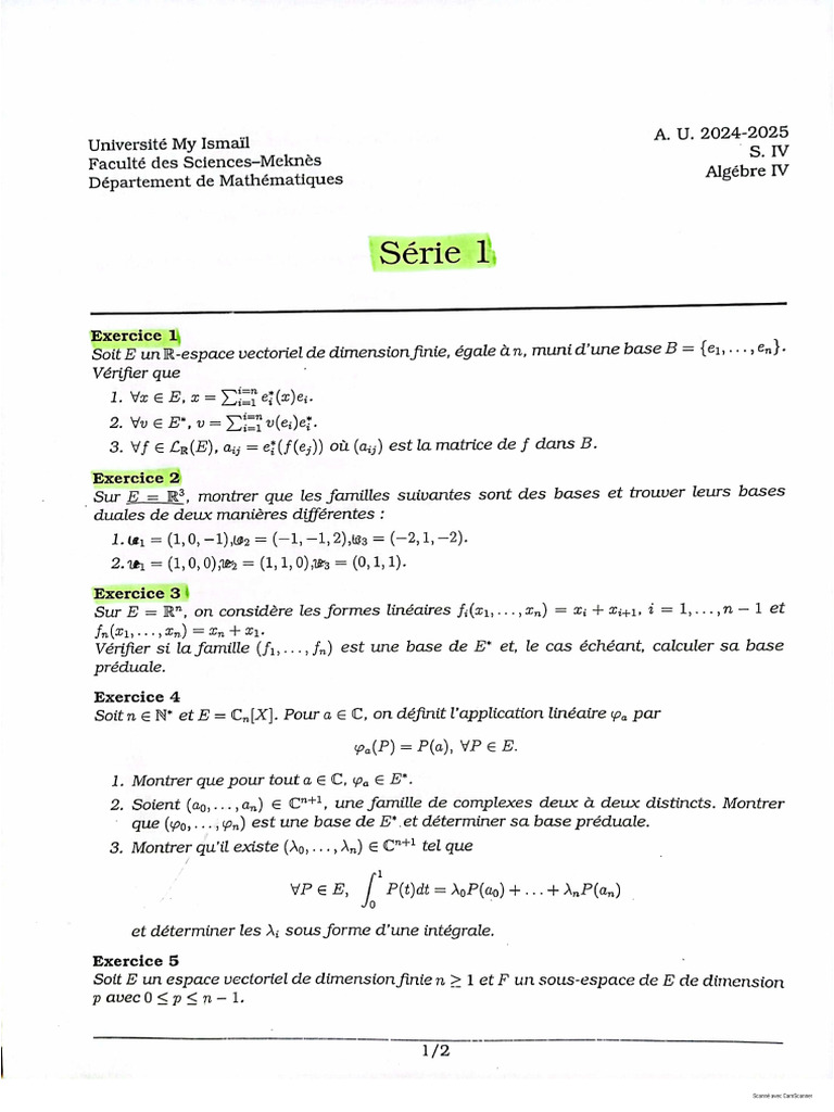 Série 1+correction - Algèbre 4 - 03-03-2025 | PDF