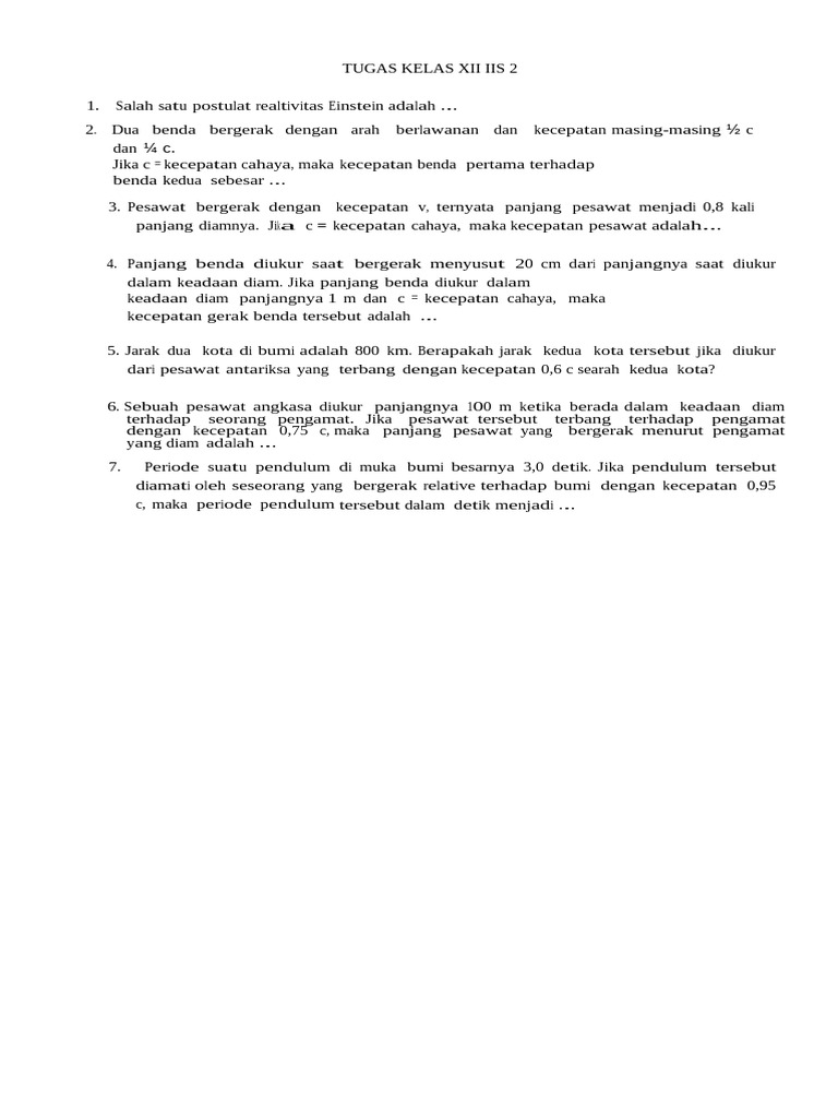 Latihan Soal Relativitas XII IIS 1 | PDF