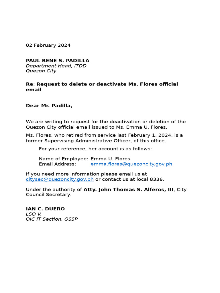 LETTER ITDD Request To Delete Account | PDF