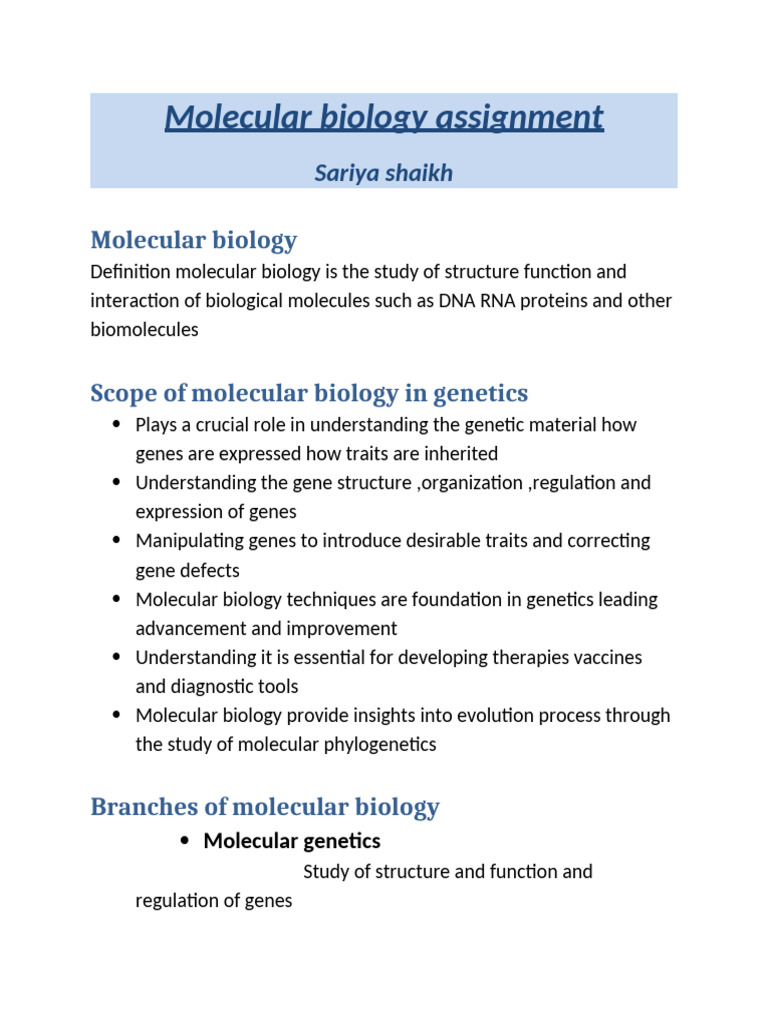 Molecular Biology Assignment Overview | PDF | Genetics | Gene