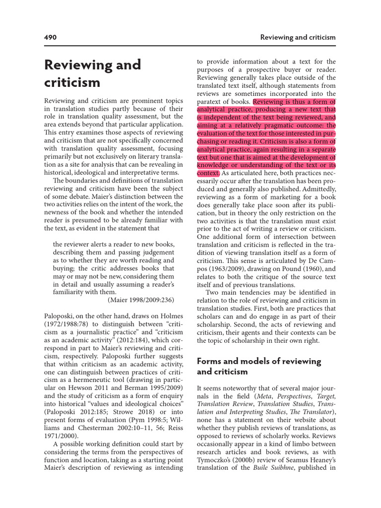Anna Strowe 2020 Reviewing and Criticism | PDF | Translations | Evaluation