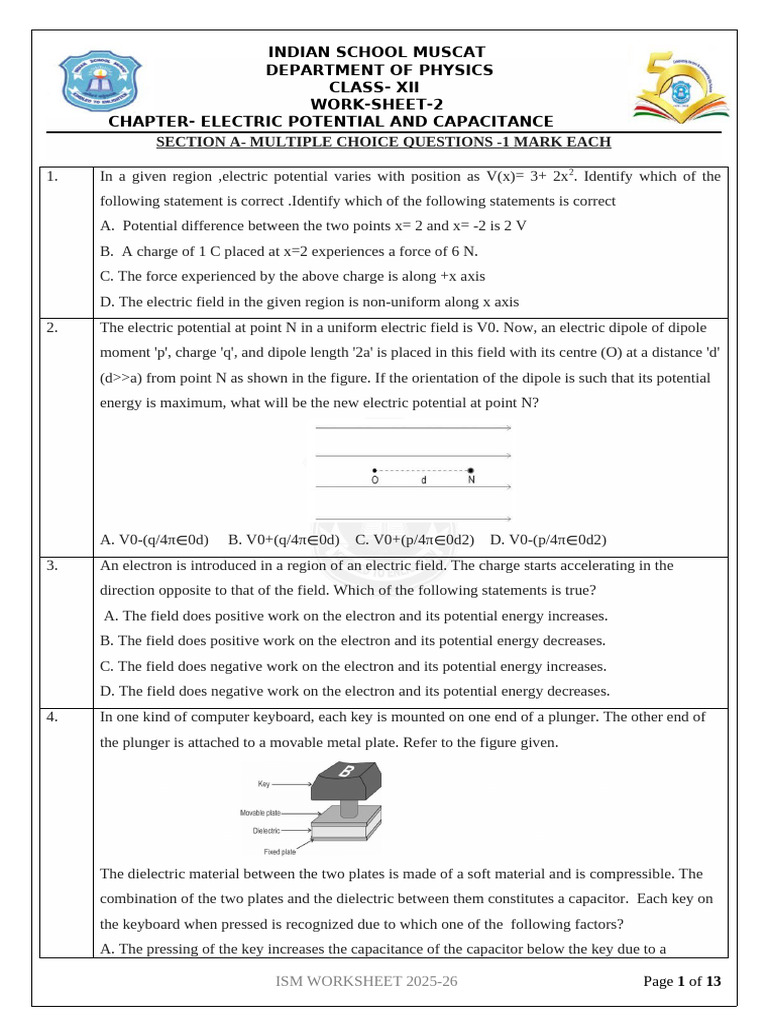 WORKSHEET CLASS XII _ELECTROSTATIC POTENTIAL AND CAPACITANE | PDF ...