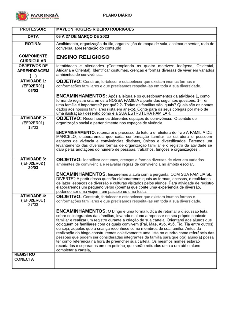 Plano Aula 2C - 06 À 27 03 2025 | PDF | Família