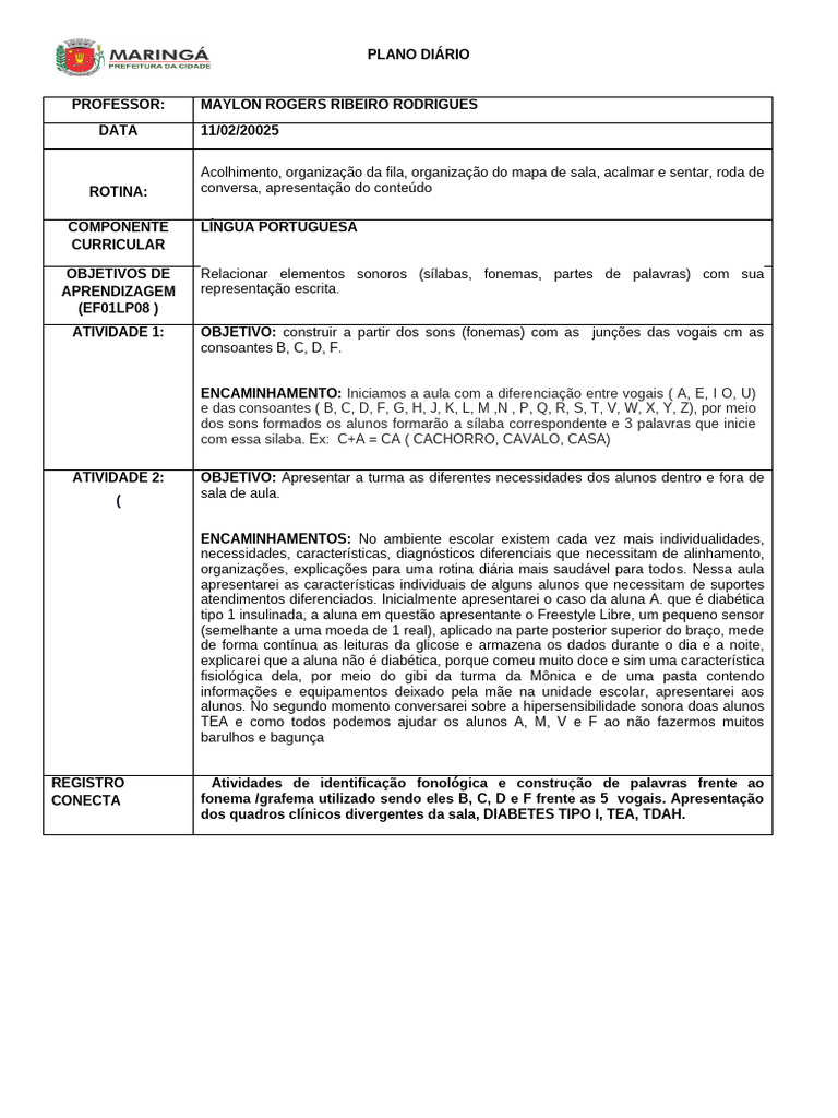 Plano Aula 2C - 11 02 2025 | PDF | Fonema | Diabetes