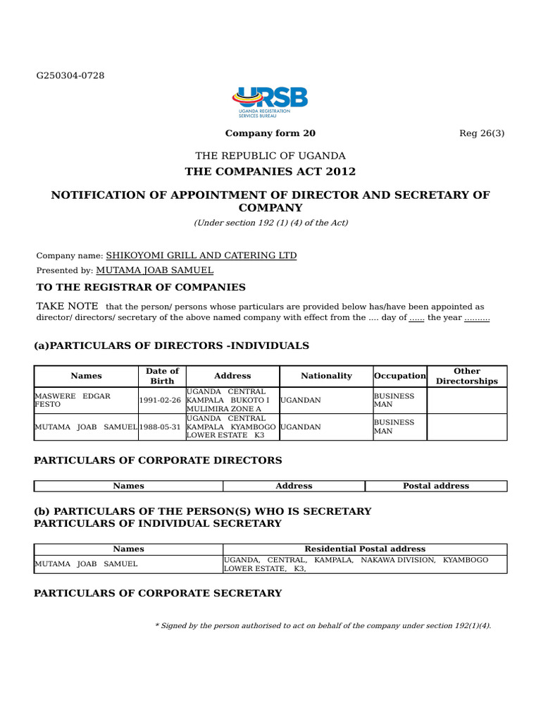 Company Form 20: Director Appointment | PDF