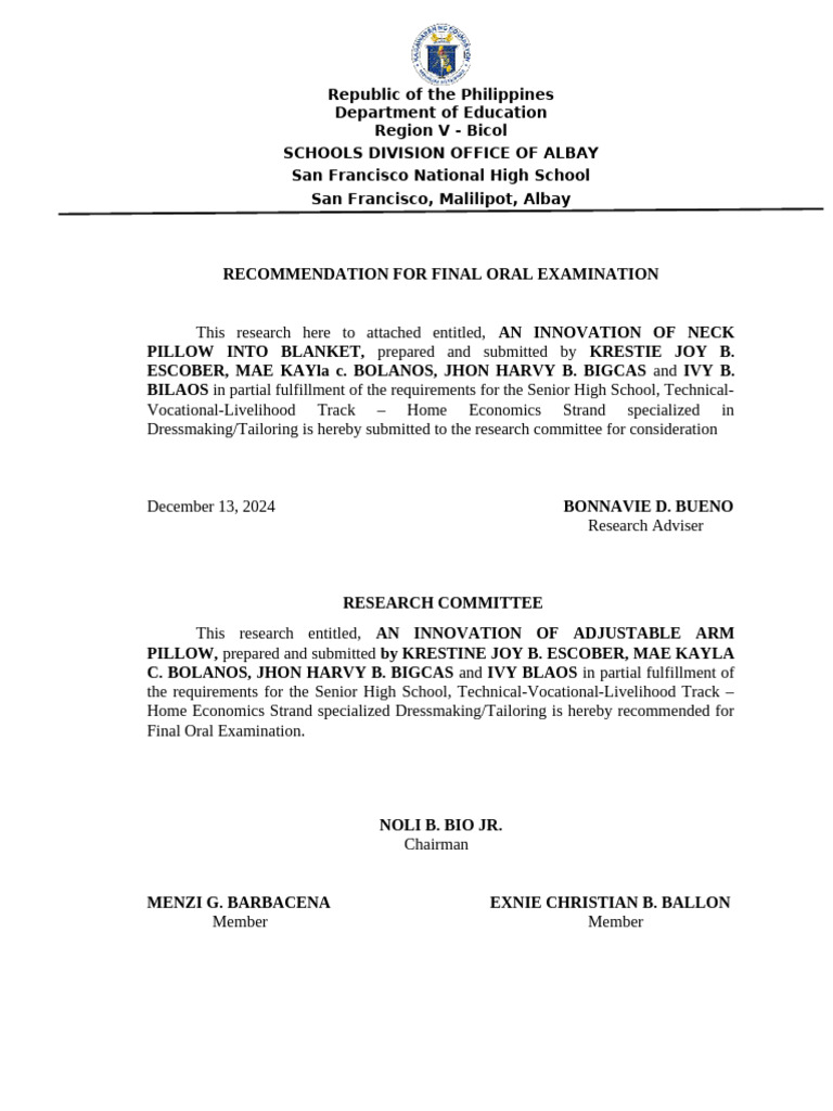 for-TVL-RECOMMENDATION-FOR-FINAL-ORAL-EXAM ADJUSTABLE ARM PILLOQ | PDF