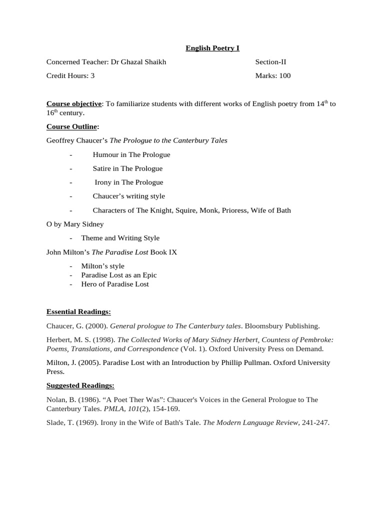 Course Outline Poetry | PDF