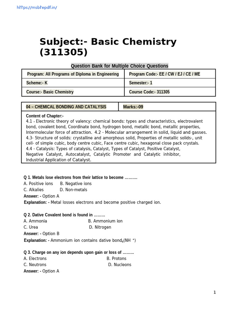 Chemistry 311305-Msbte-K-Scheme-MCQ | PDF | Chemical Bond | Electrochemistry