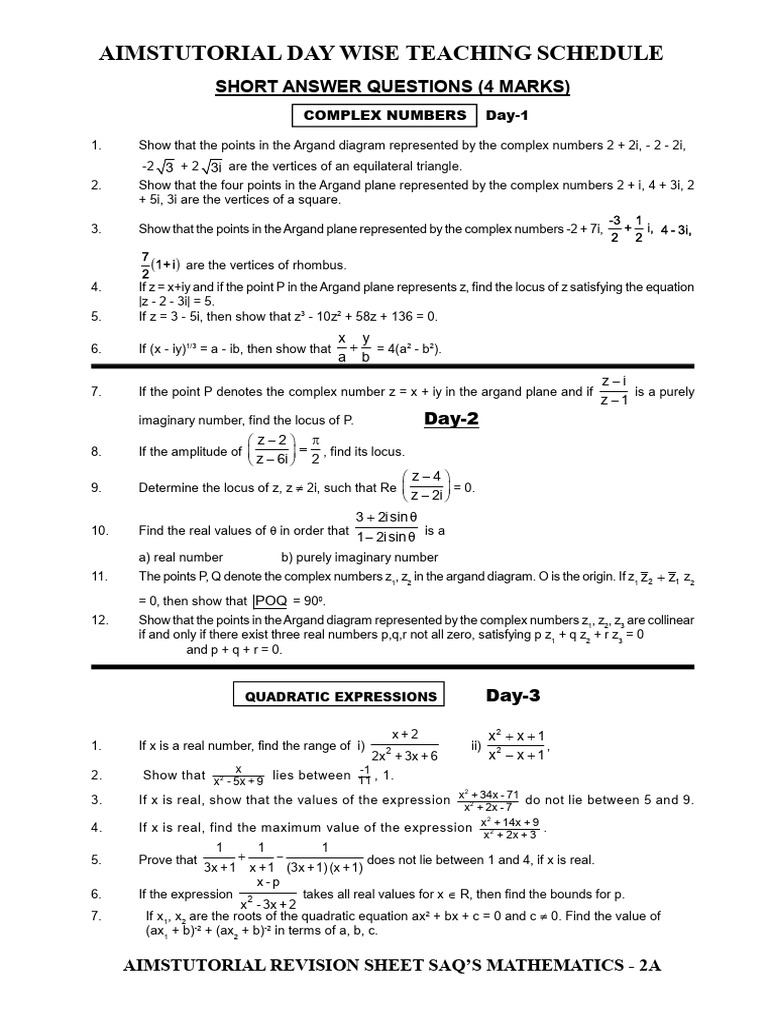 SAQ Mathematics Schedule 2A Overview | PDF | Complex Number | Probability