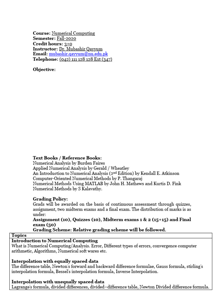 Fall 2020 Course Outline | PDF | Numerical Analysis | Mathematical Analysis