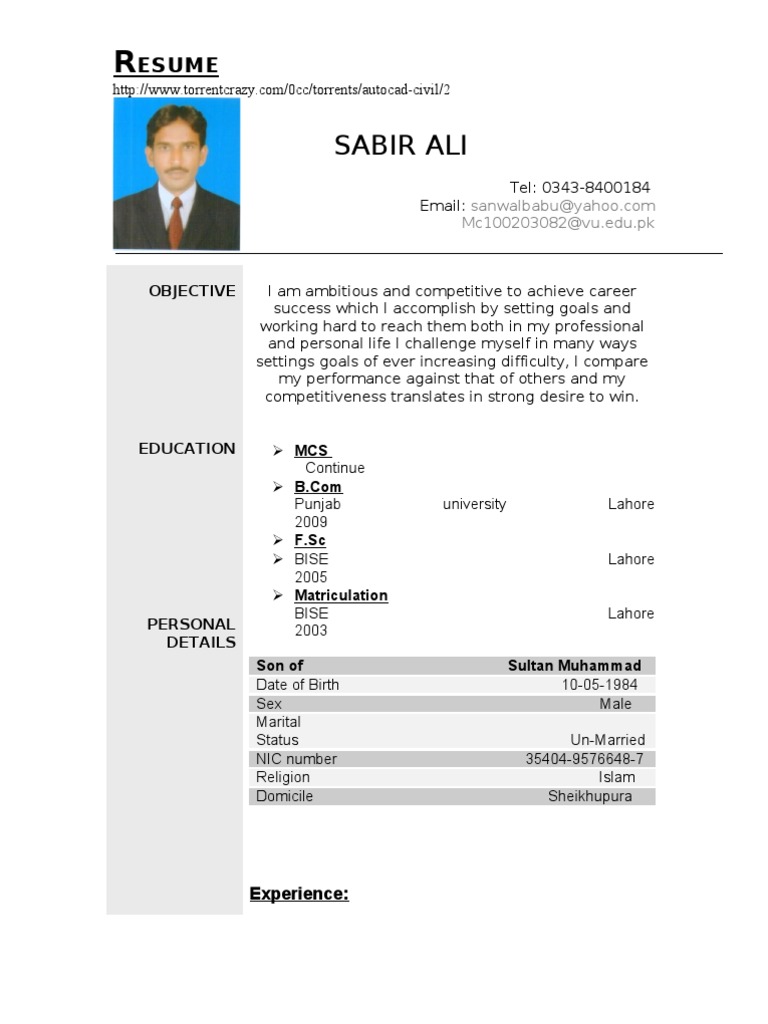 Resume of Syed Sabir Ali Shah | PDF