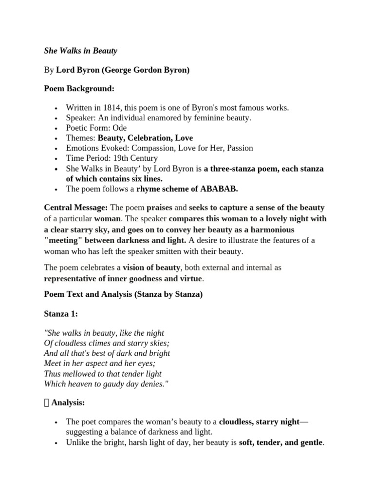 Analysis of "She Walks in Beauty" | PDF | Beauty | Poetry