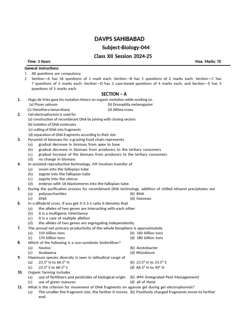 CBSE Class 12 Biology Sample Paper 2024 | PDF | Gene | Dna
