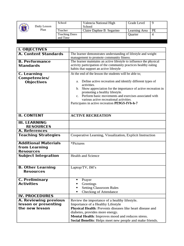 Daily Lesson Plan-Active Recreation | PDF | Learning | Physical Education