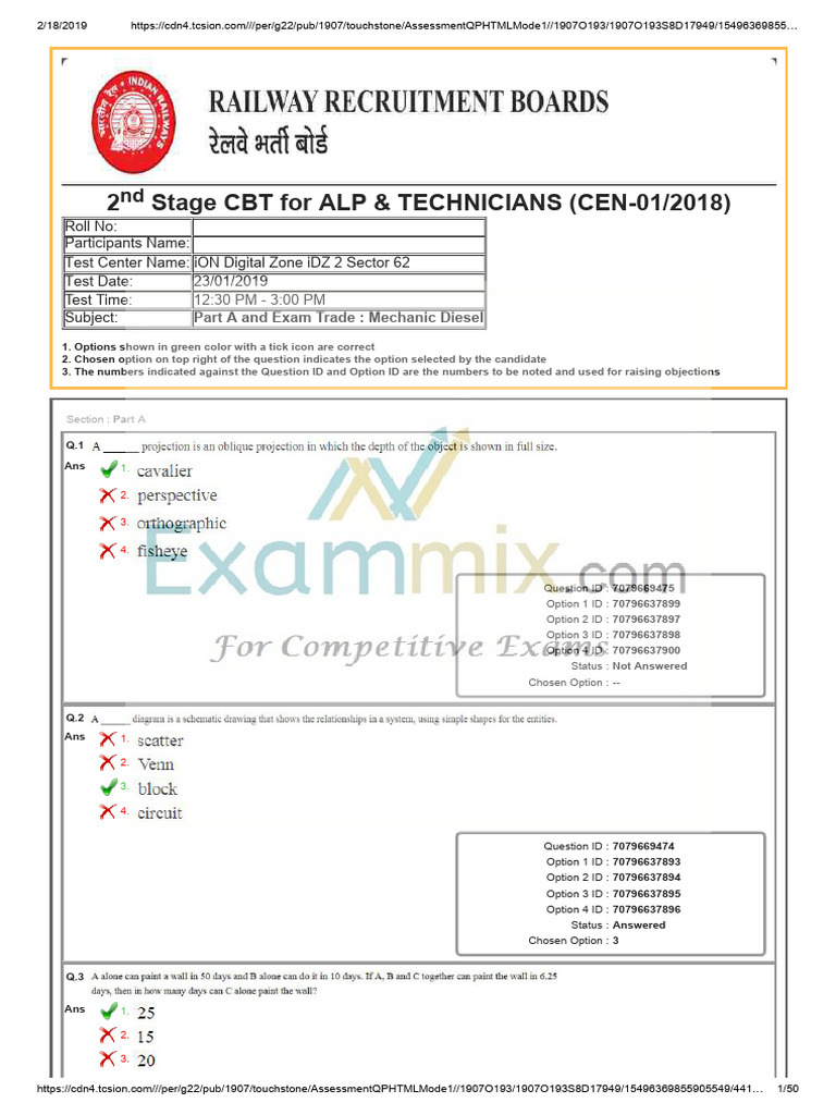 RRB AlpTech CBT 2 Paper With Official Answer Key Trade Mechanic Diesel ...