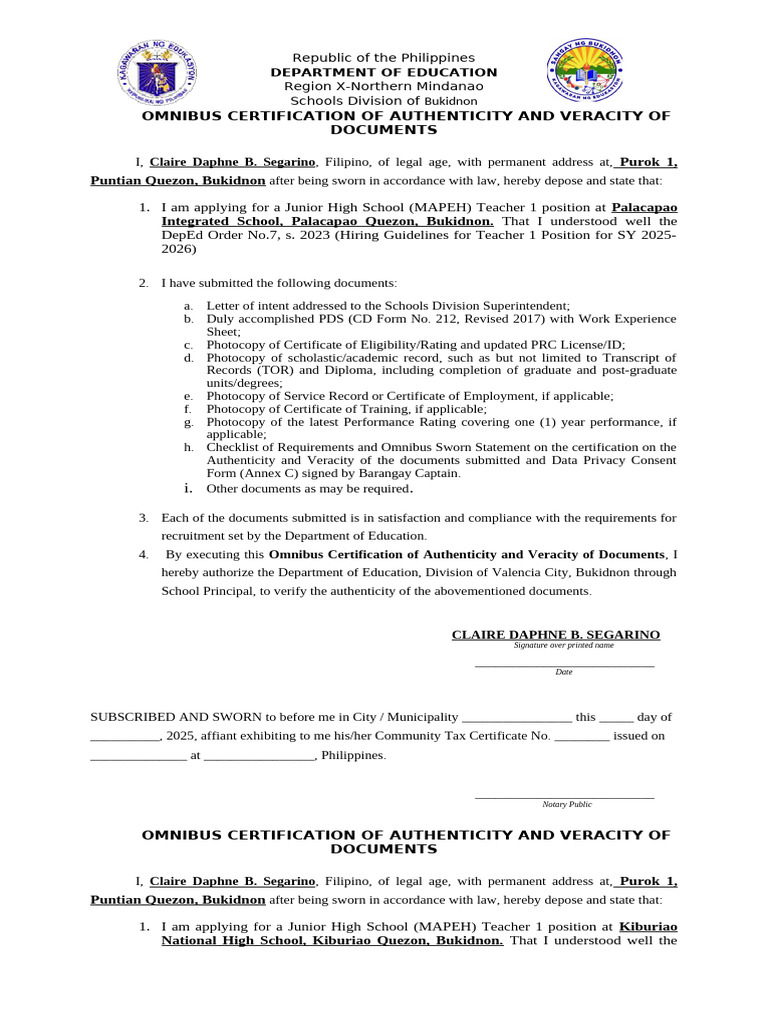 Omnibus-Checklist Bukidnon (JHS) | PDF | Affidavit