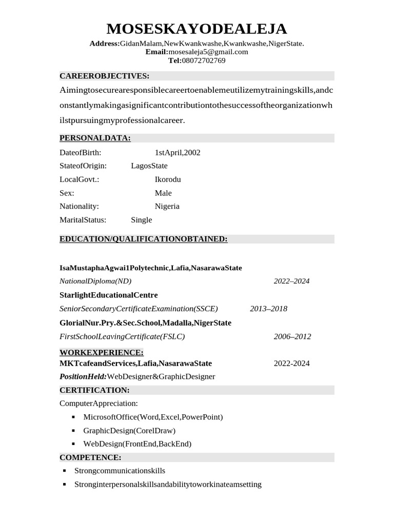 Moses Kayode Aleja - CV & Career Goals | PDF