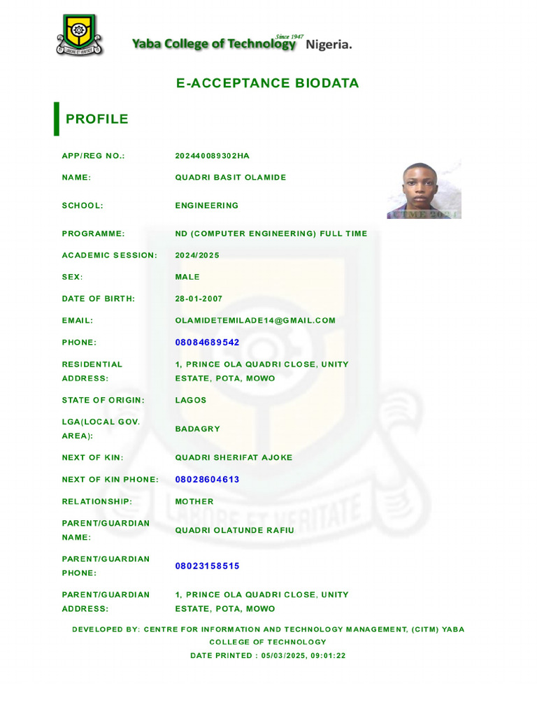E-Acceptance Biodata Form Quadri | PDF