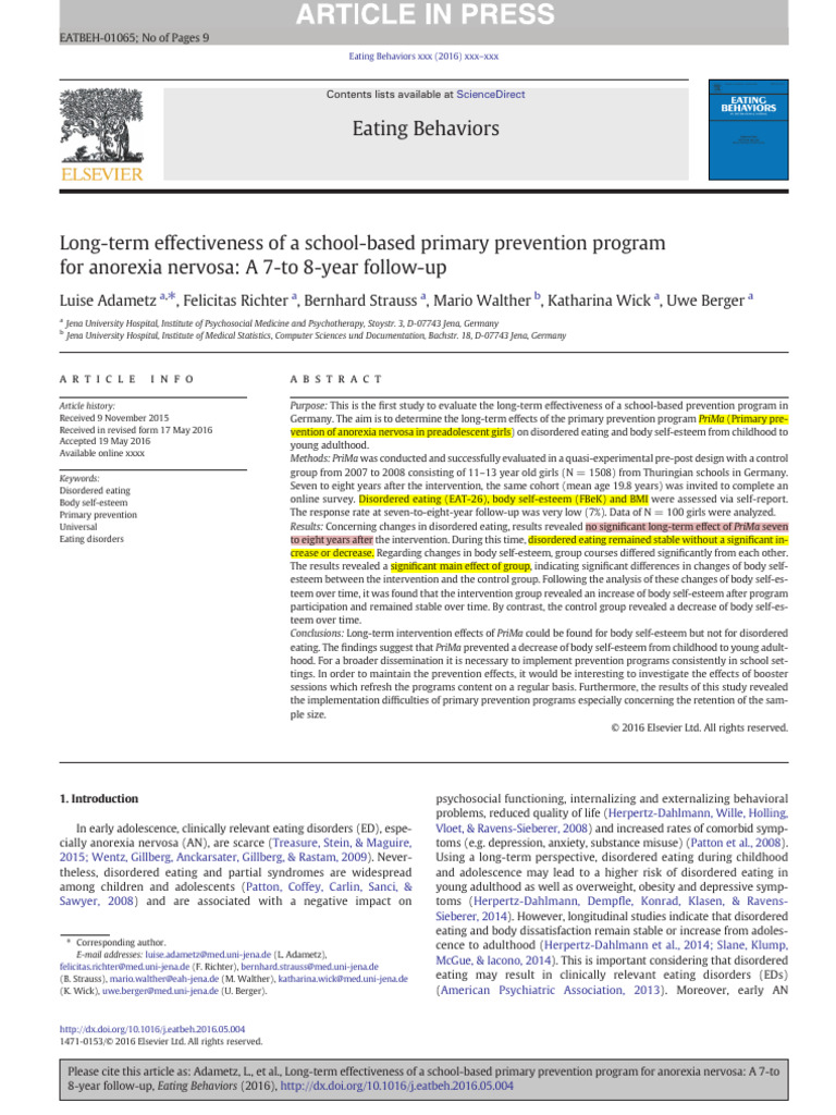 2 - Long-Term Effectiveness of A School-Based Primary Prevention Program For Anorexia Nervosa A ...