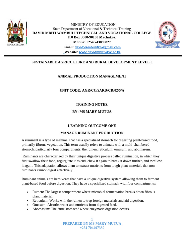 Animal Production Management Notes For Sard l5 | PDF | Digestion | Ruminant