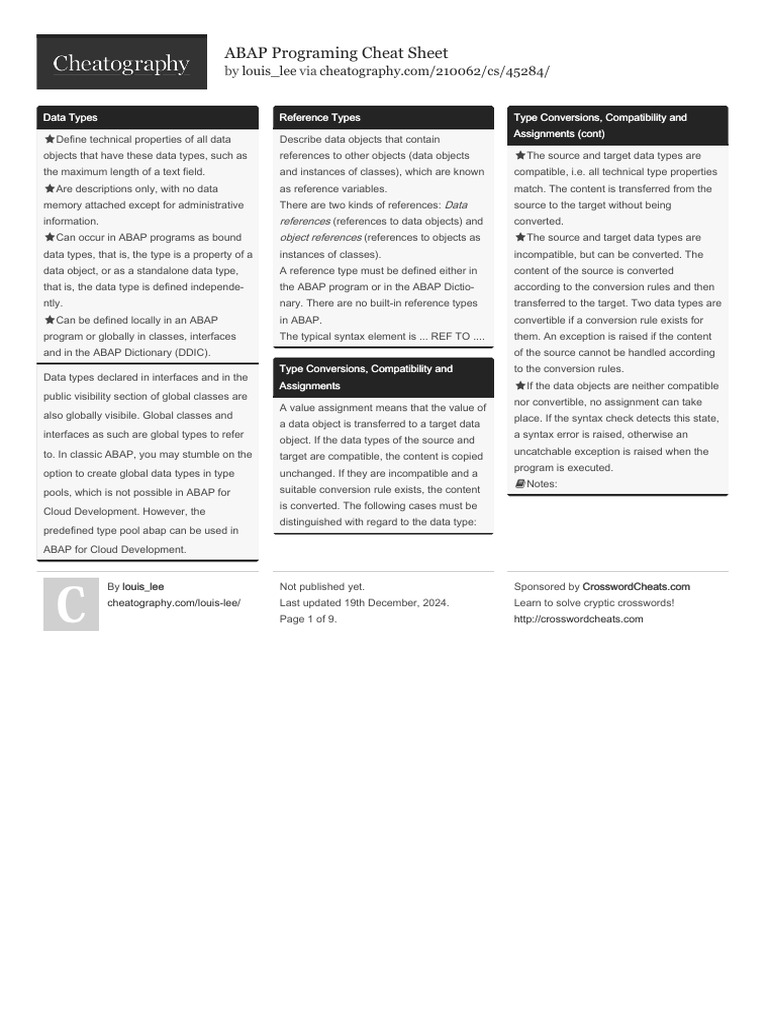 ABAP Programming Cheat Sheet Guide | PDF | Data Type | Computer Programming
