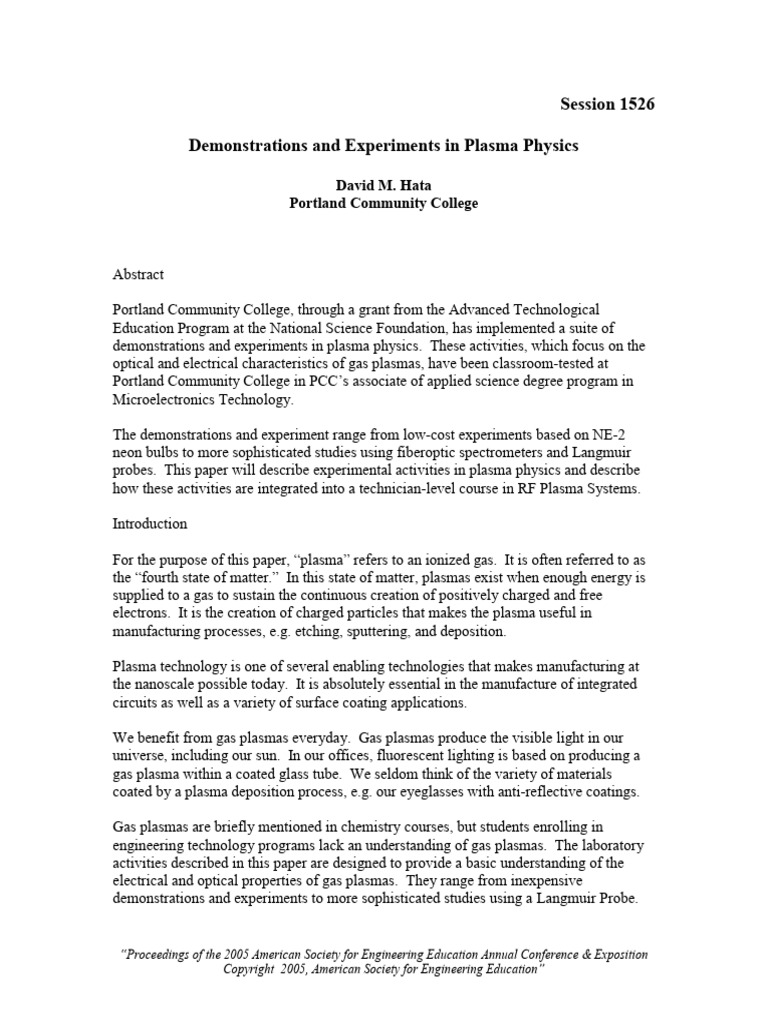 Demonstrations and Experiments in Plasma Physics | PDF | Plasma ...