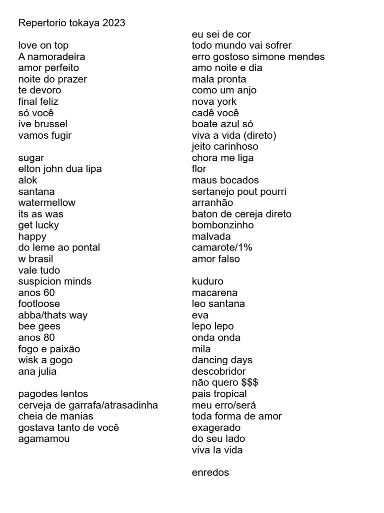 Repertorio Tokaya Novo 2023 | PDF