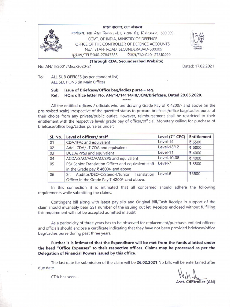 Entitlement-for-issue-of-Briefcase-Office-Bag-Ladies-Purse - Format-for ...