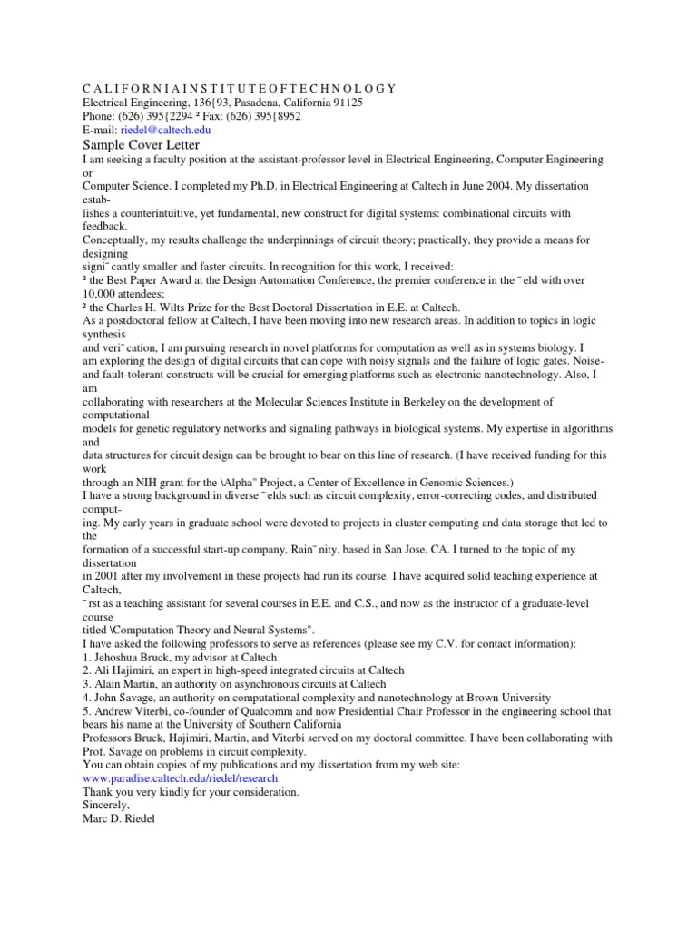 Sample Cover Letter: Riedel@caltech - Edu | PDF | Systems Biology ...