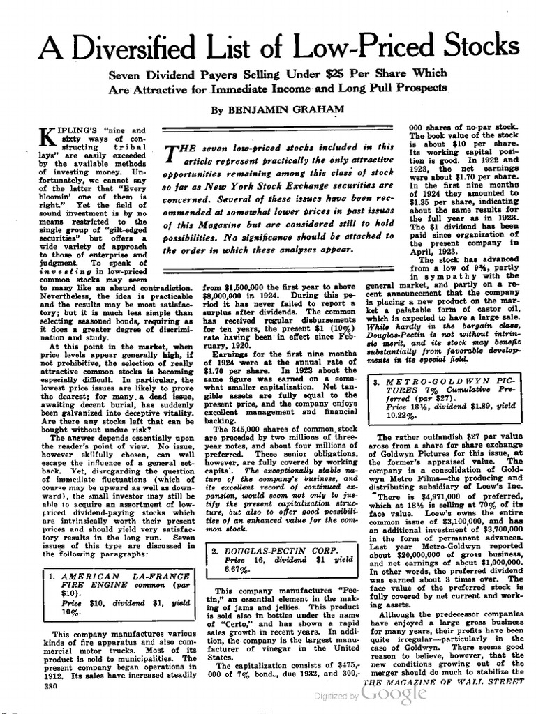Graham Diversified List Low Priced Stocks 1925 | PDF | Dividend | Stocks