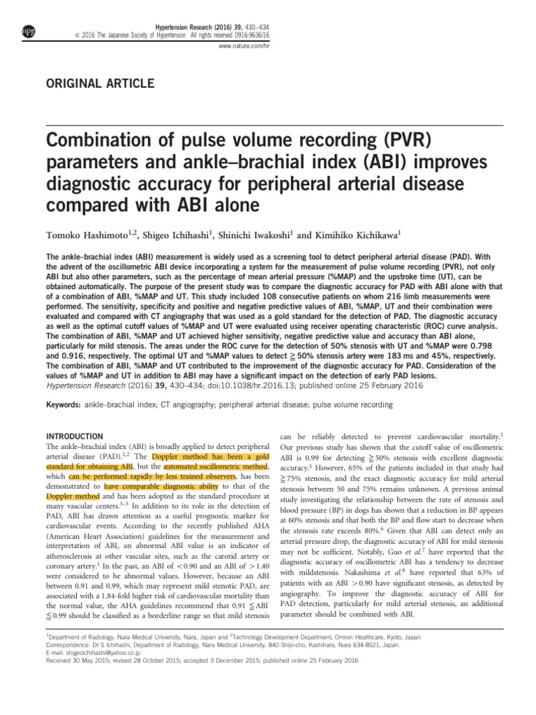 Enhancing ABI with PVR for PAD Detection | PDF | Sensitivity And ...