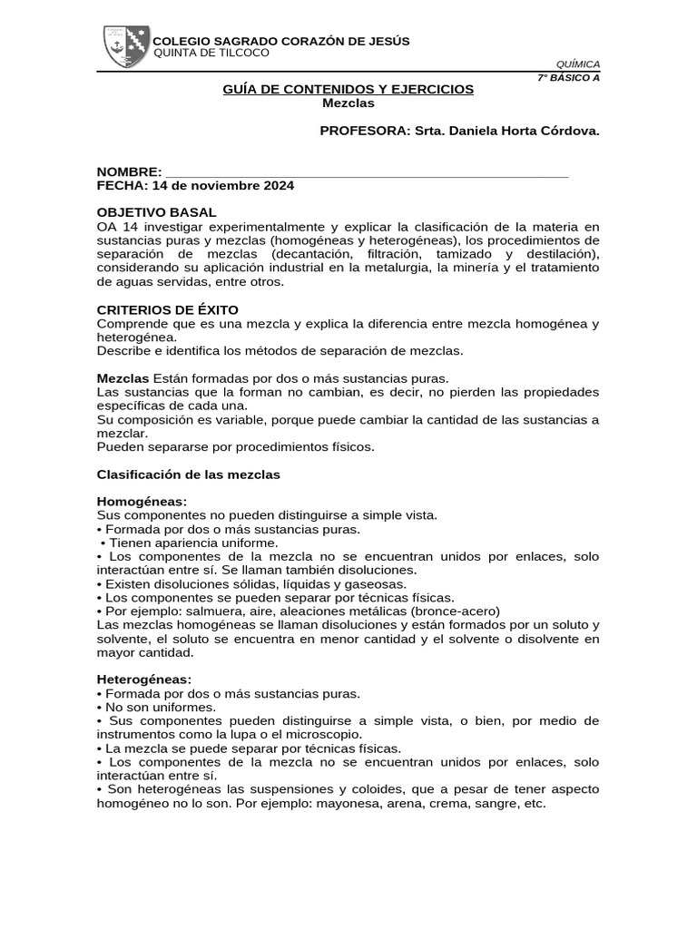 Guia de Contenidos y Ejercicios Mezclas - 7A | PDF | Mezcla | Sustancias químicas