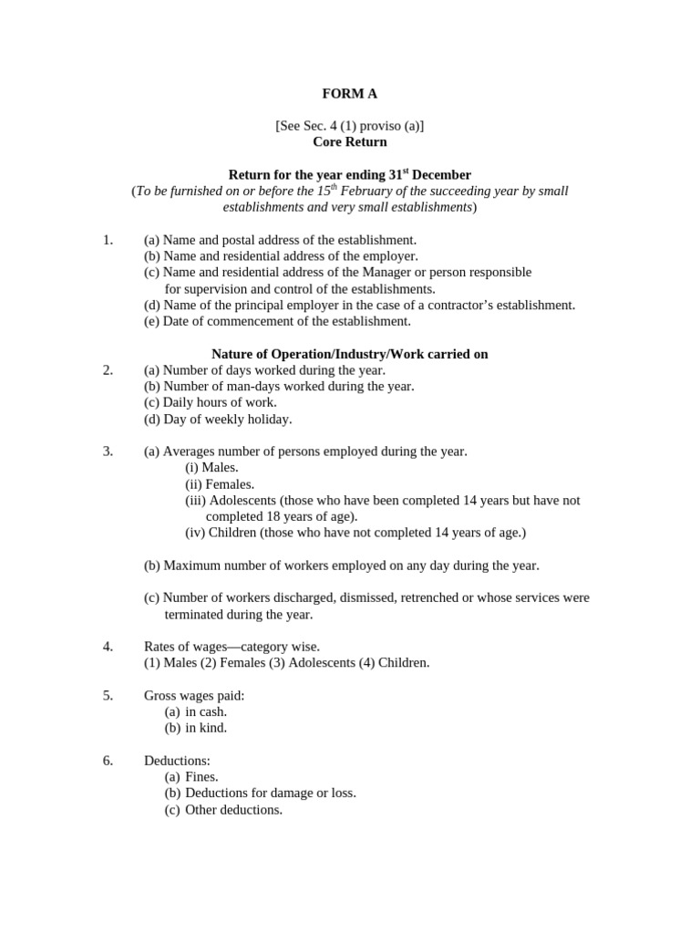 Core Return Form for Small Establishments | PDF | Employment | Business Law
